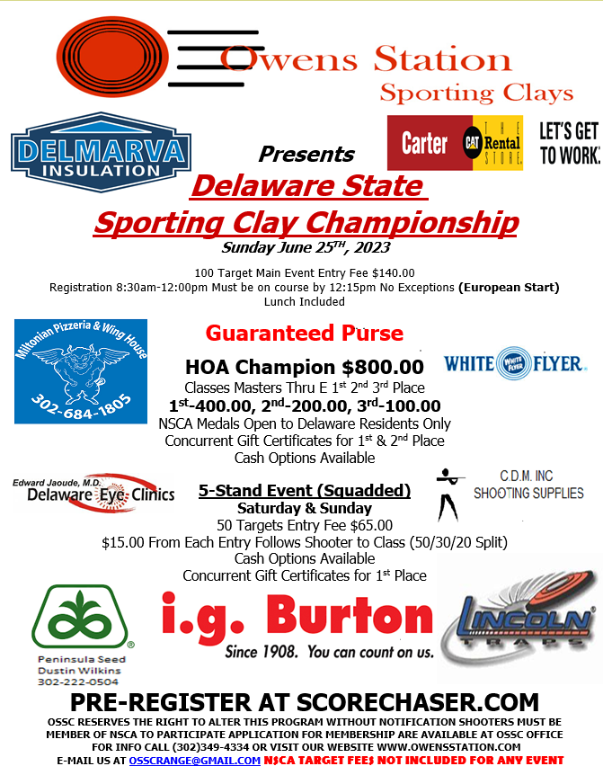 Delaware State Shoot 6/24/23 – 6/25/23 - Owens Station Sporting Clays